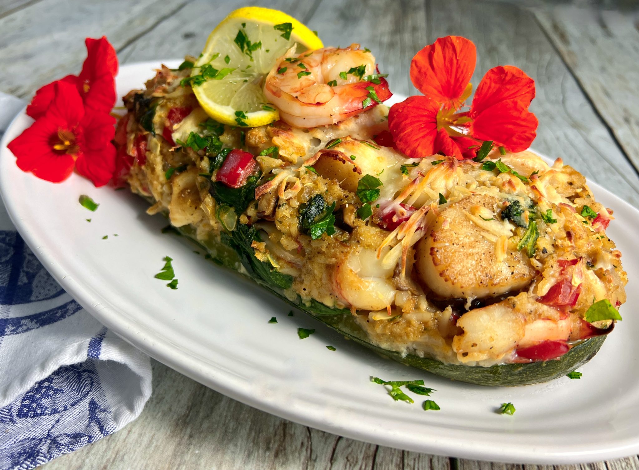 SEAFOOD AND RICE STUFFED ZUCCHINI BOATS - Dish off the Block