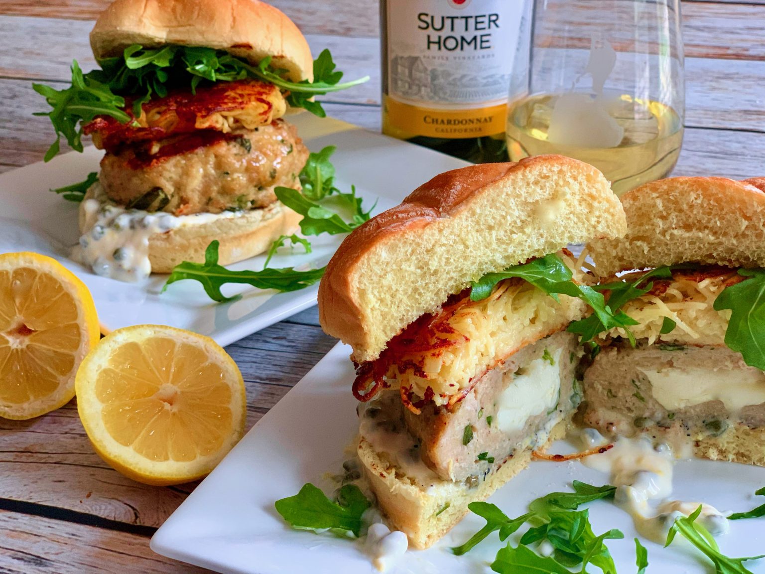 MILANESE BURGERS WITH LEMON CREAM ANGEL HAIR FRICO AND LEMON CAPER MAYO ...