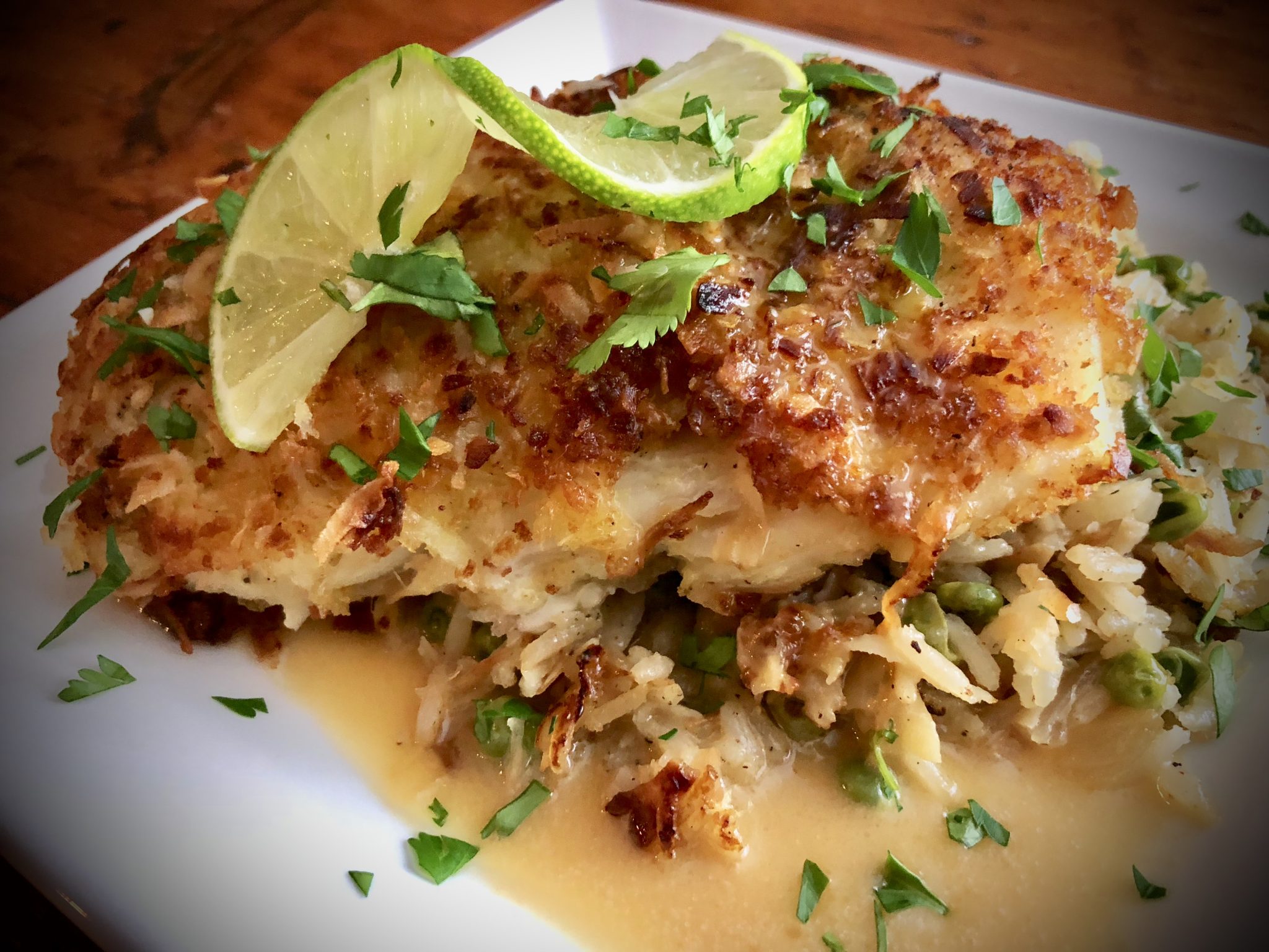 COCONUT CRUSTED HADDOCK WITH PINEAPPLE RICE AND COCONUT AND SPICED RUM ...