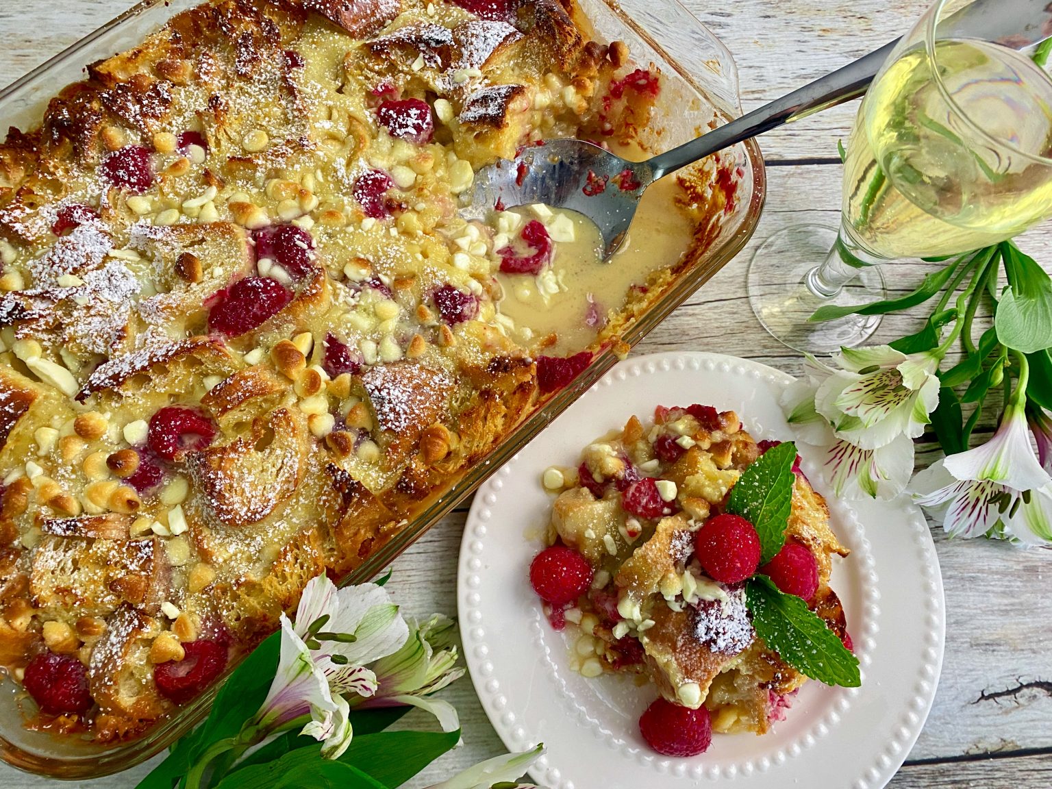OVERNIGHT WHITE CHOCOLATE RASPBERRY BREAD PUDDING - Dish off the Block