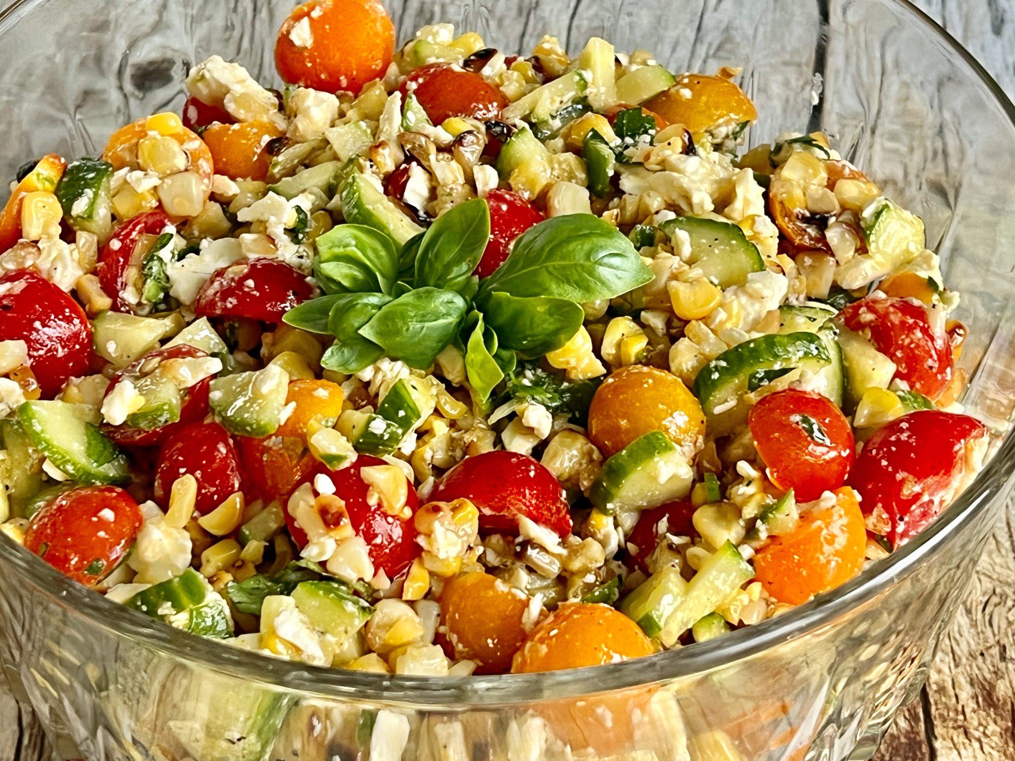 CHARRED CORN, TOMATO, CUCUMBER, AND FETA SALAD - Dish off the Block