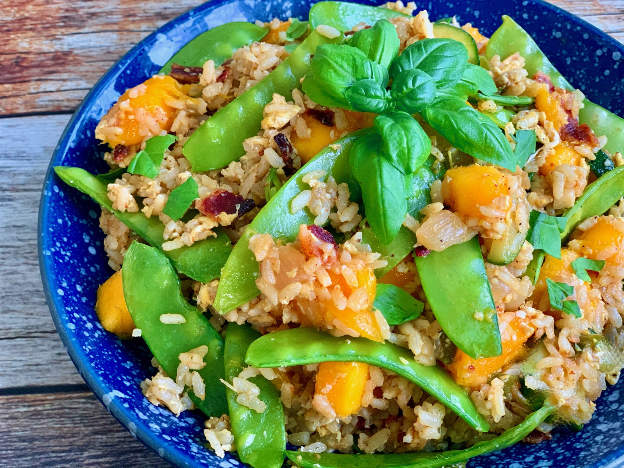 MANGO, PEA POD, AND BACON FRIED RICE - Dish off the Block