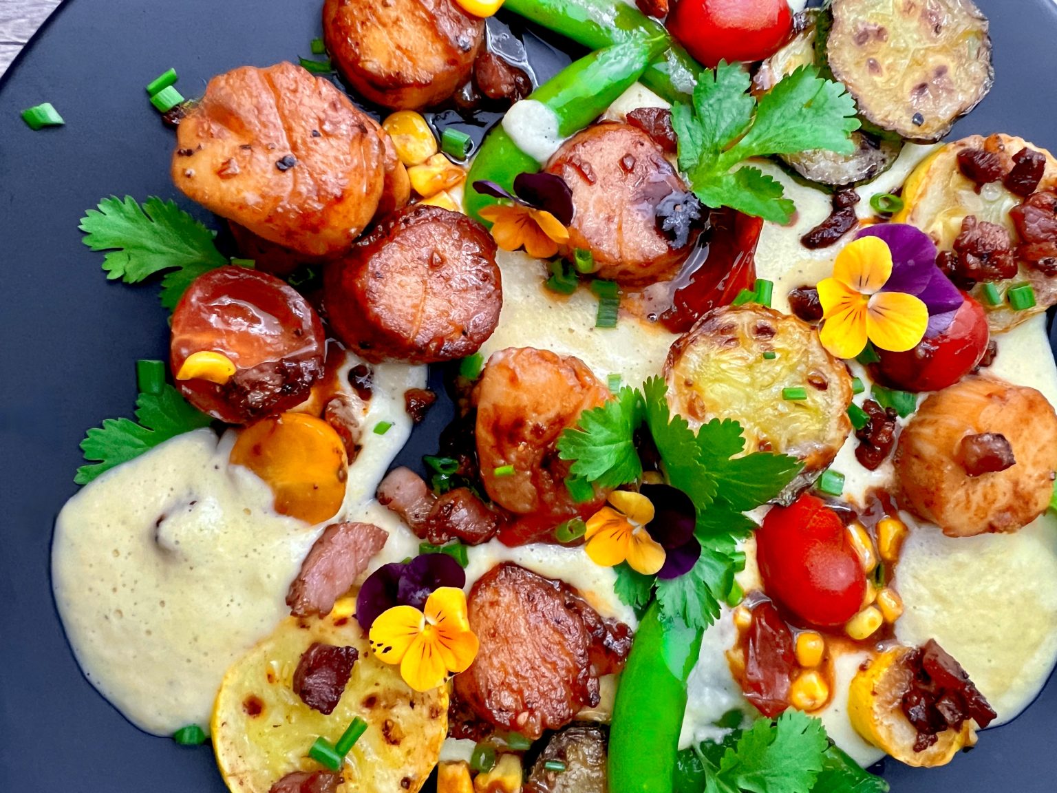 PAN SEARED SCALLOPS OVER CORN PUREE WITH SPRING VEGETABLE MEDLEY - Dish ...