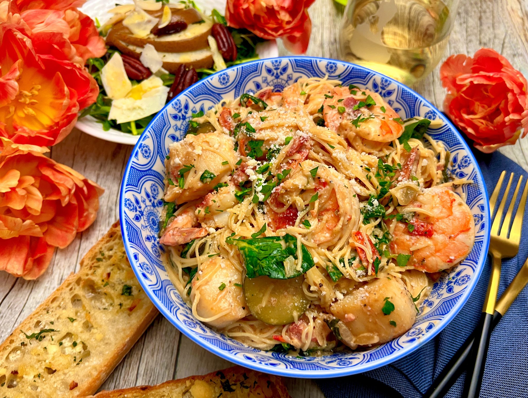 SHRIMP AND SCALLOP ANGEL HAIR WITH LEMON, TOMATO, ZUCCHINI, AND SPINACH ...