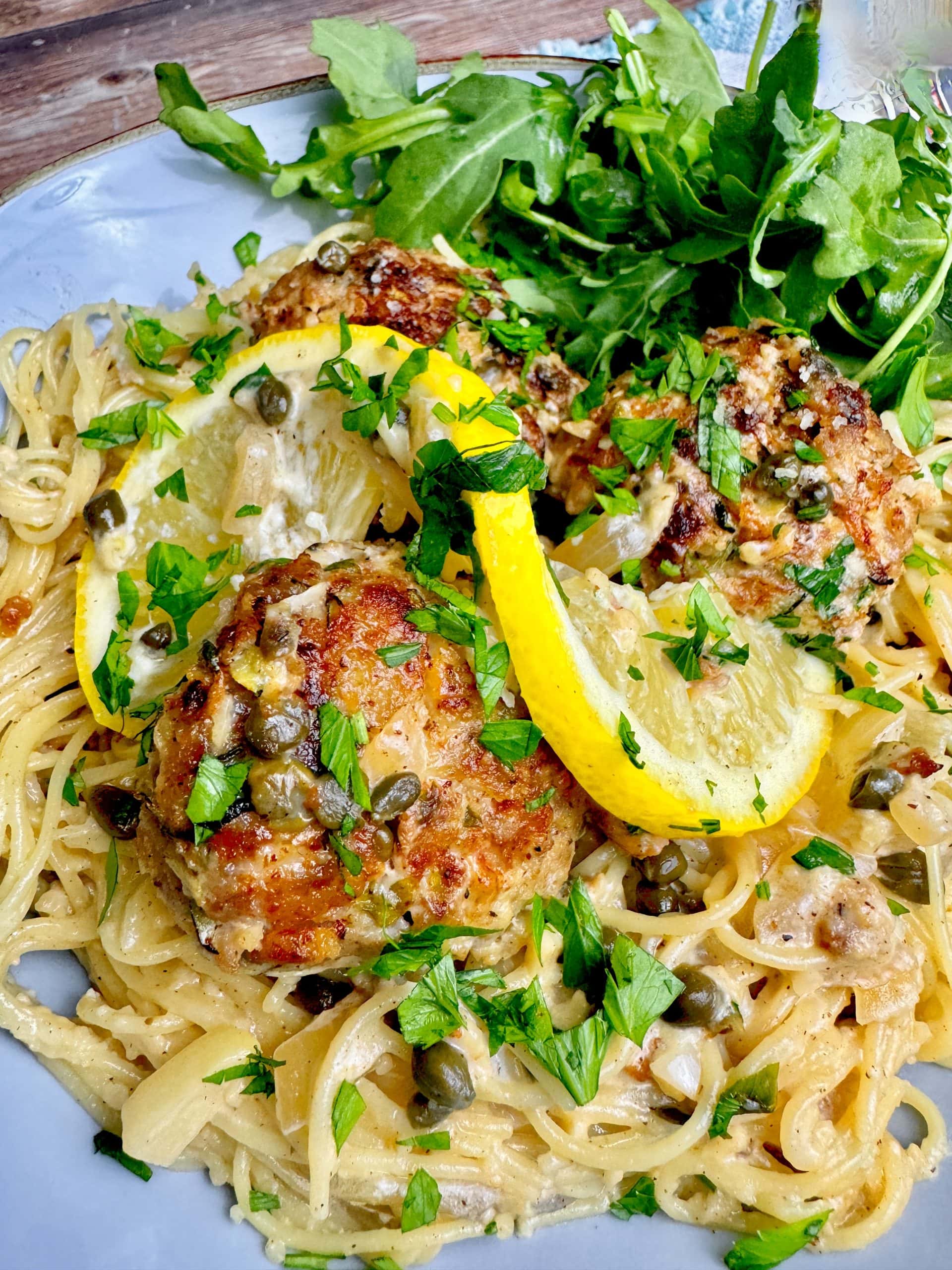 CHICKEN PICCATA MEATBALL PASTA - Dish off the Block